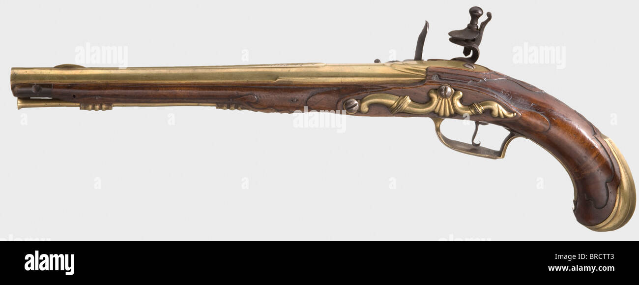 A pair of Italian flintlock pistols, circa 1780. Round brass barrels ...