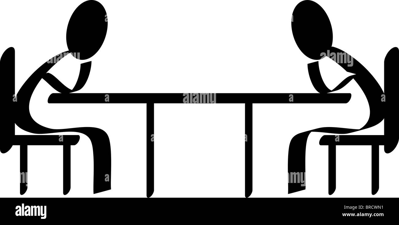 Two stylized persons sitting at a table Stock Photo - Alamy