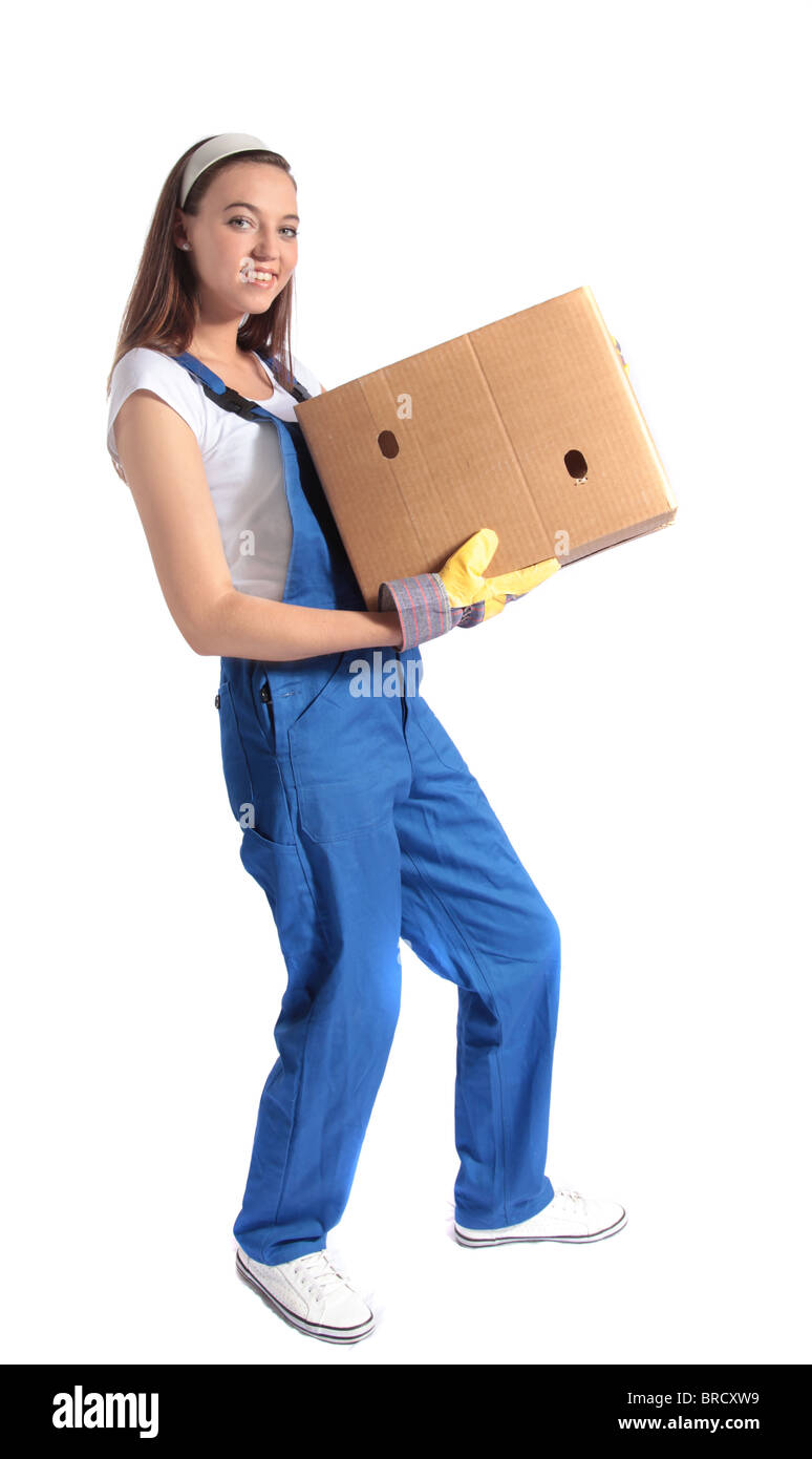 An attractive young woman carrying a moving box. All isolated on white ...