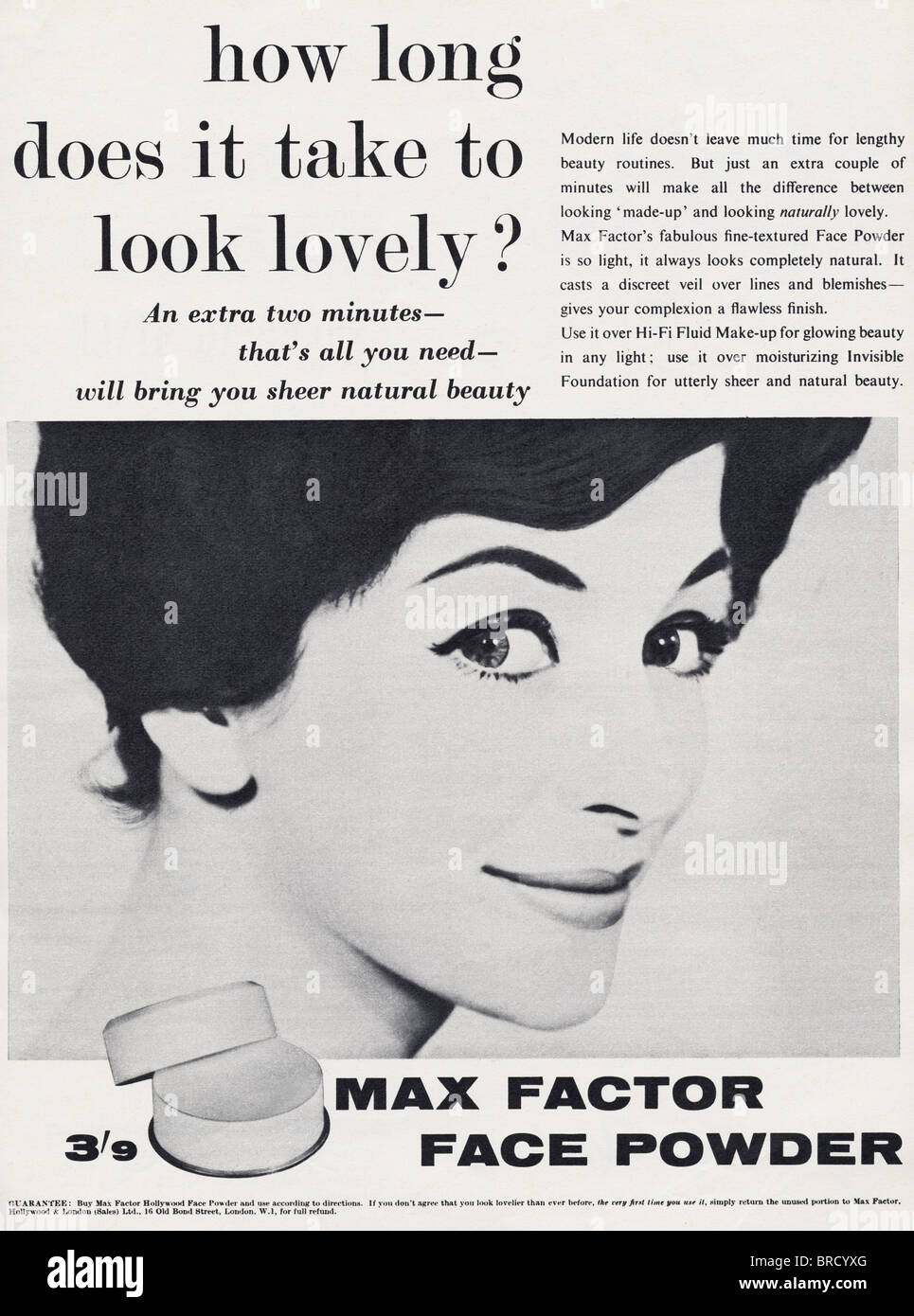 Black and white advert for Max Factor face powder in fashion magazine ...