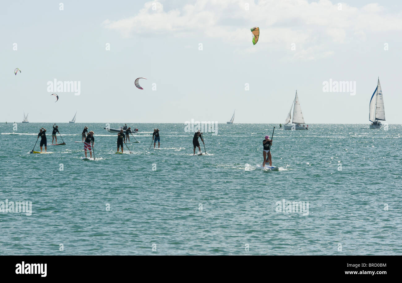 Stand up paddleboard race, Windfest 2010, at Sandbanks beach in Poole ...