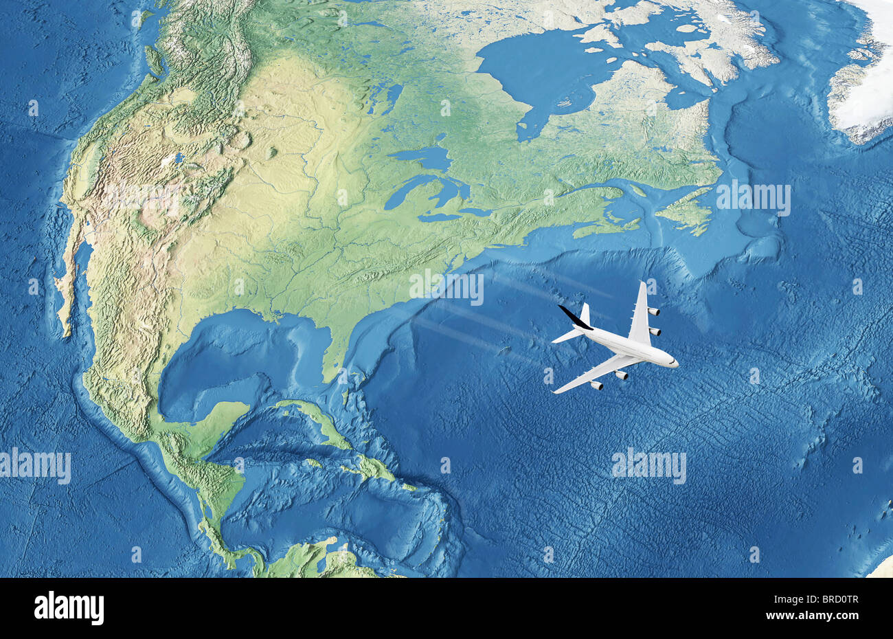 White Civil Airplane over the Atlantic ocean flying to Europe Stock ...