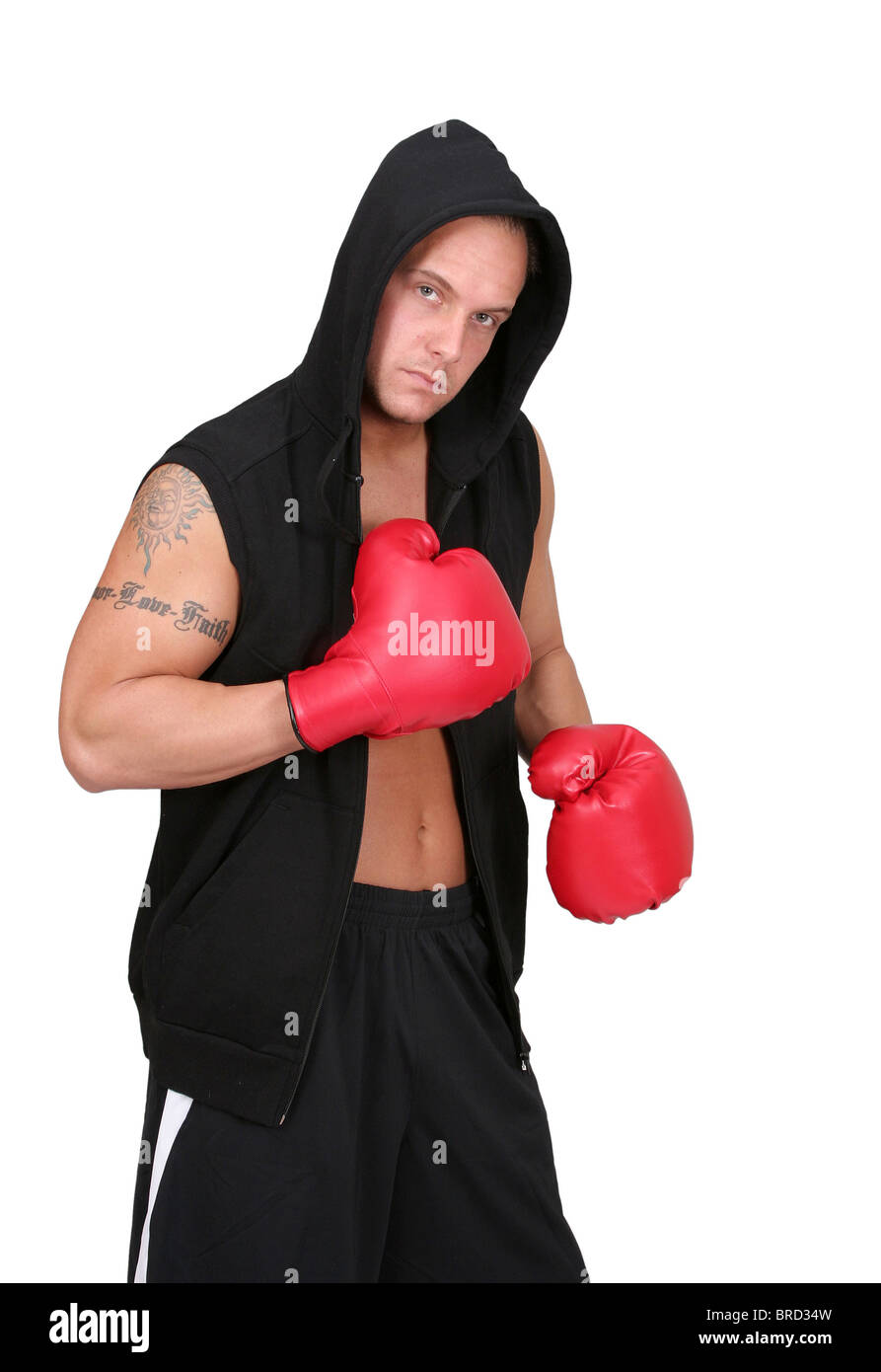 one young adult man hooded boxer preparing for a fight over white Stock ...