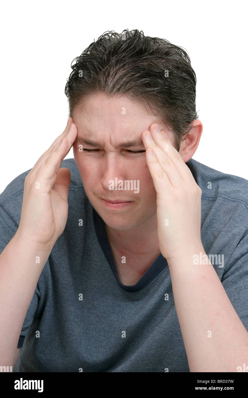 one adult man with a headache or head pain holding his head in worry or ...