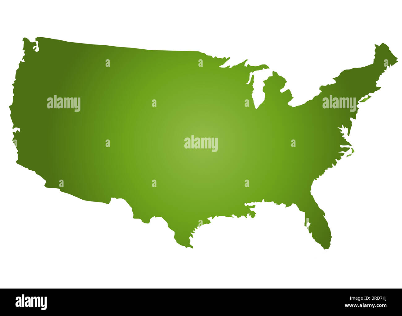 A stylized map of the United States of America in green tone. All ...