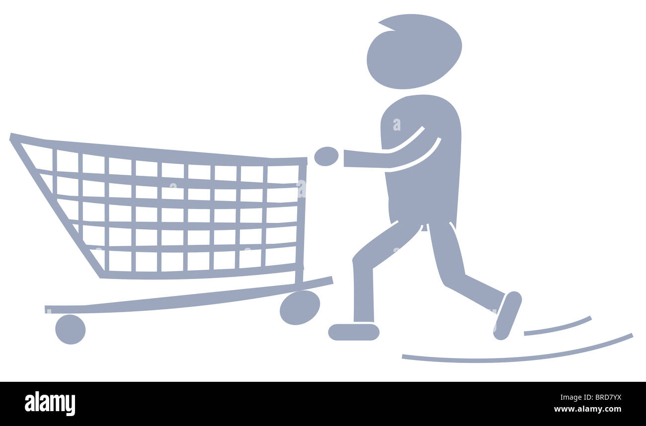 An illustrated shopping cart with customer. All isolated on white ...