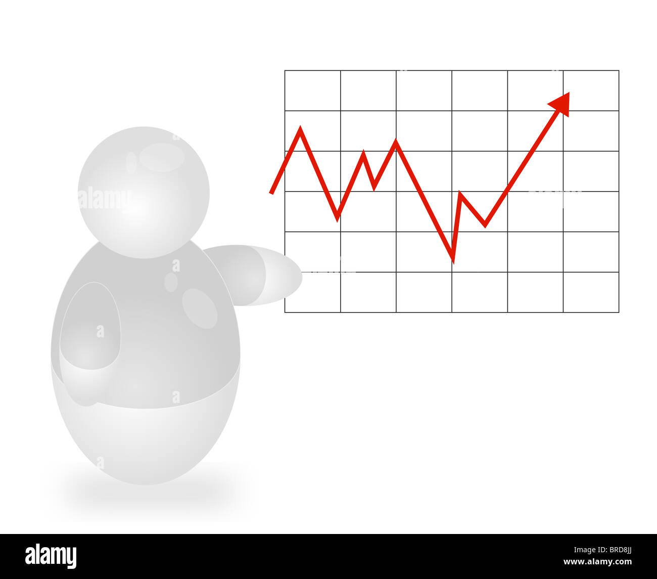 Stylized person standing next to a positive chart. All on white ...