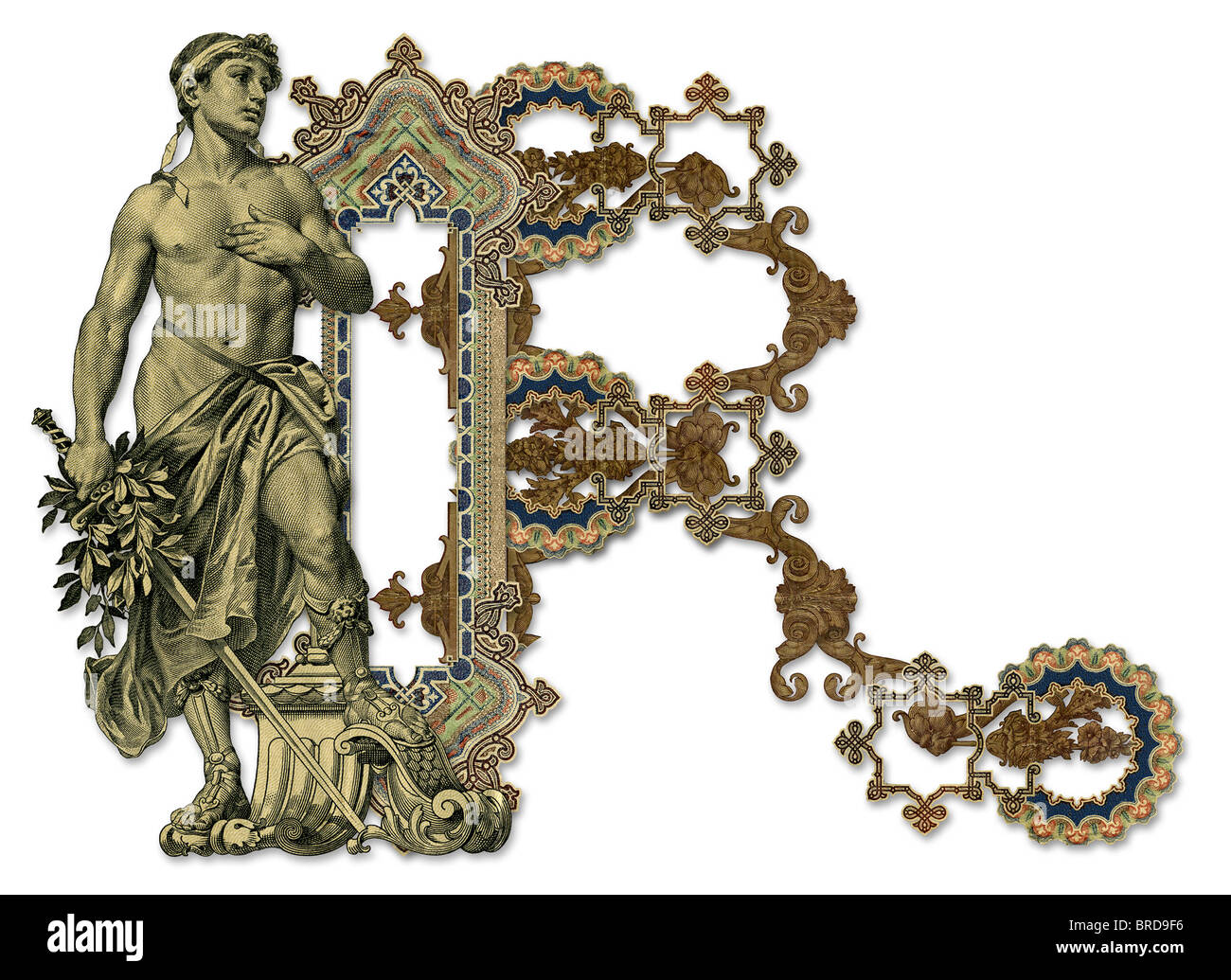 Luxuriously illustrated old capital letter R with man Stock Photo - Alamy