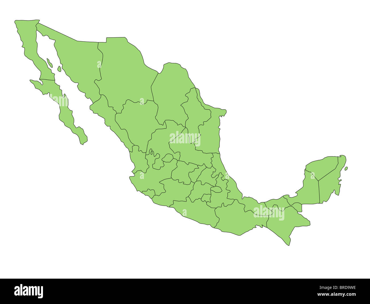 A stylized map of mexico in green tone showing the different provinces ...