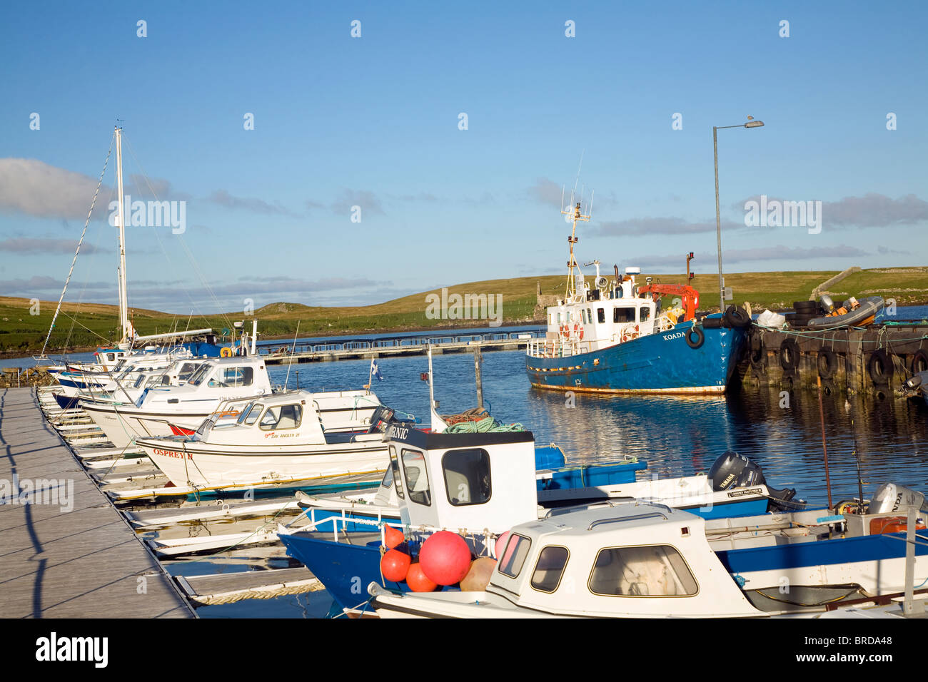 Boats in harbour, Burravoe, Yell, Shetland Islands, Scotland Stock ...