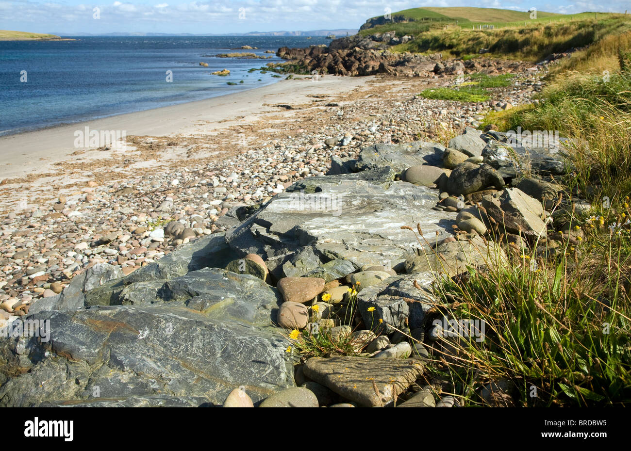 Rocks and sandy beach, Melby, near Sandness, Mainland, Shetland Islands ...