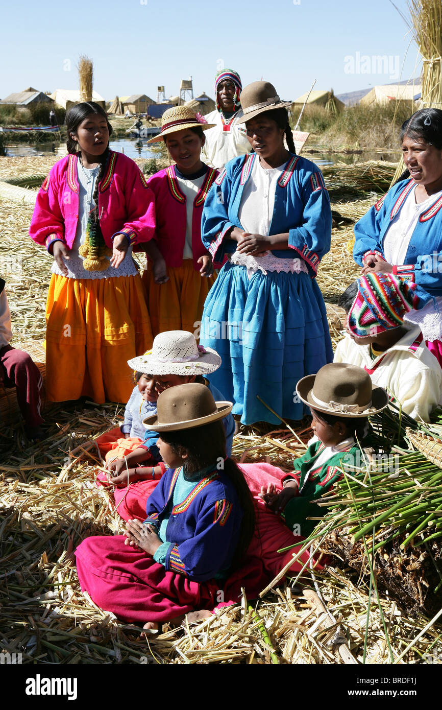 Native Peruvian Indians on their floating Uros Islands home, Lake ...