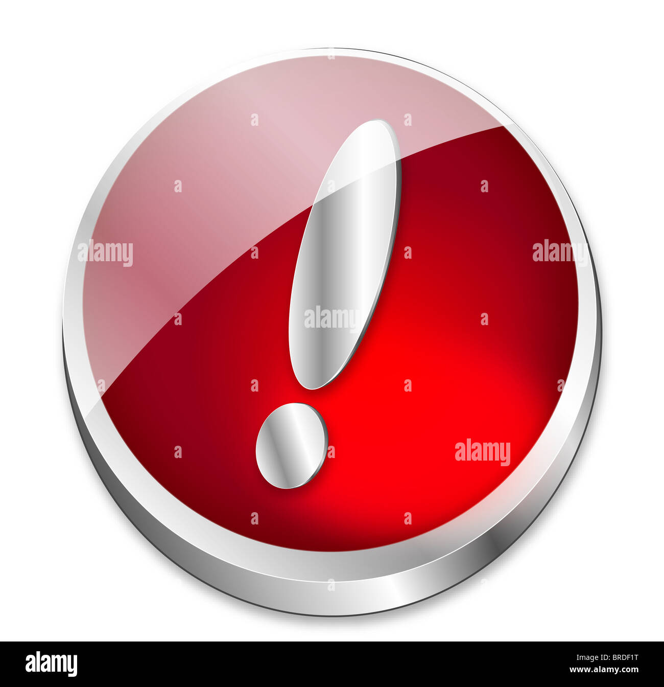 A shiny red vector button showing an exclamation mark in metal optic ...
