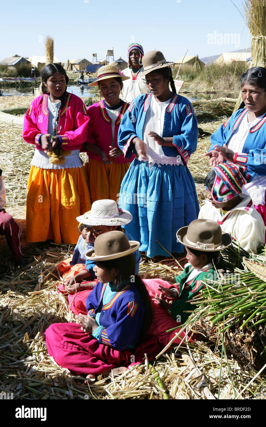 Native Peruvian Indians on their floating Uros Islands home, Lake ...