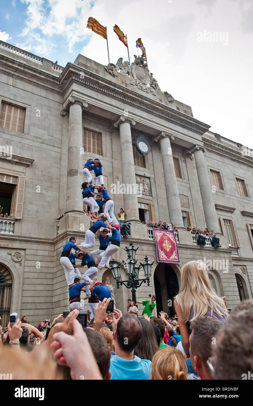 Human Castles, Castellers at St.Jaume Square for La Merce Festival in ...