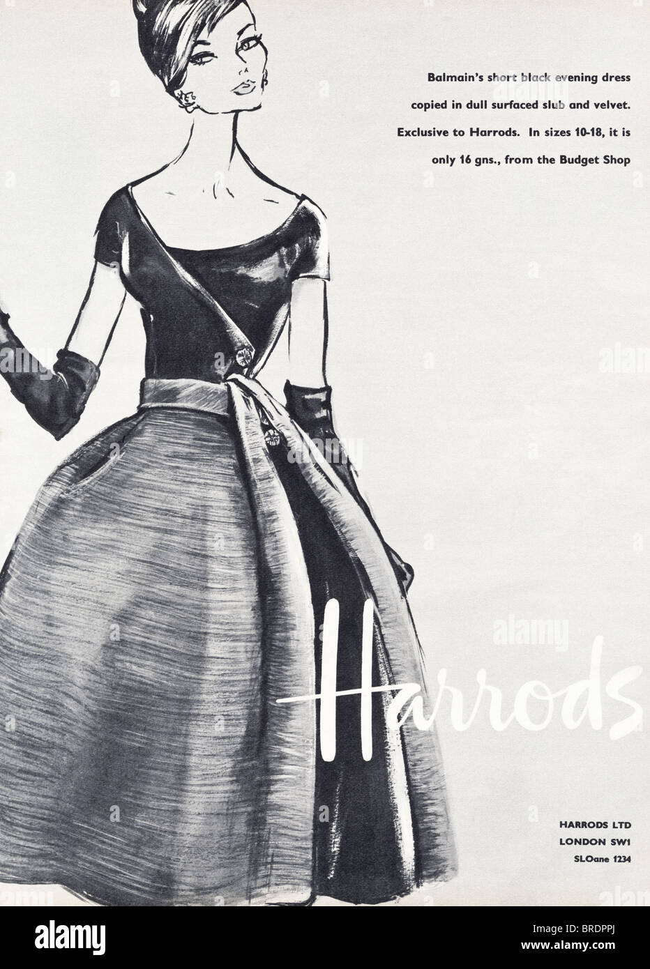Classic black and white advert for black evening dress from Harrods ...