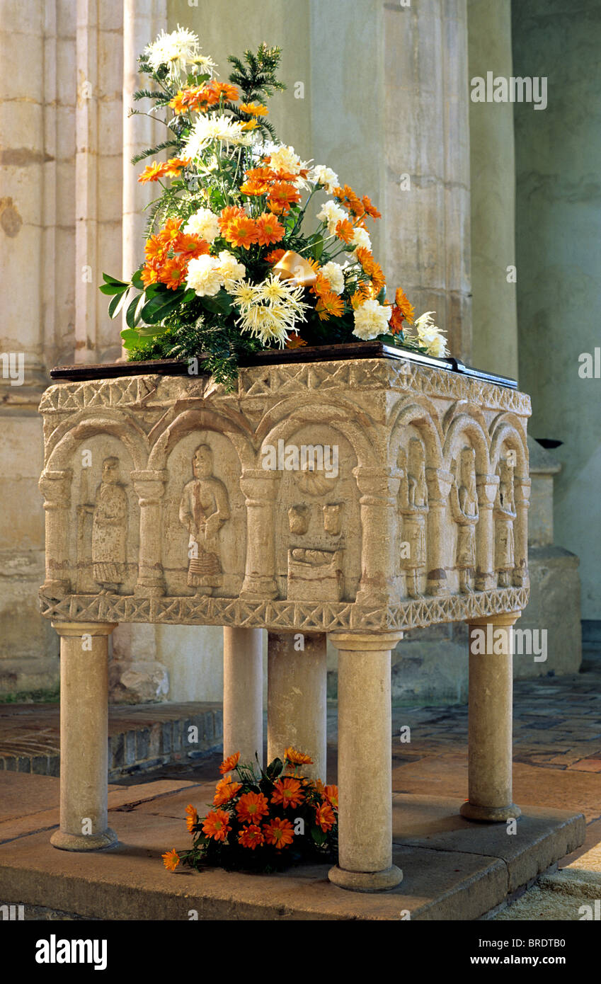 Fincham Norfolk, Norman stone church Font fonts England UK figure ...