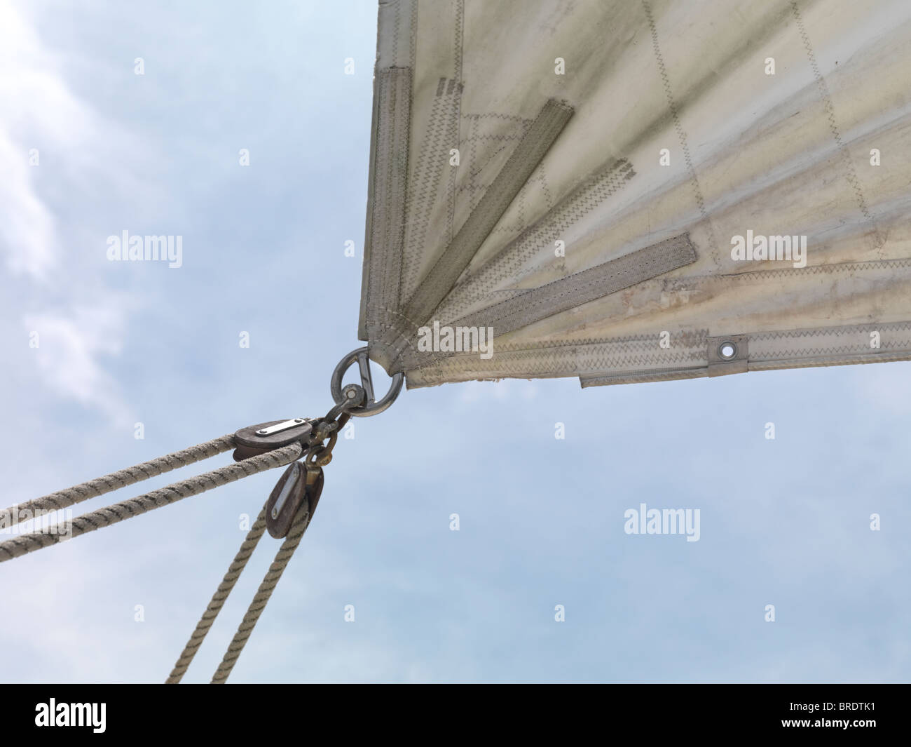 Corner of a sail clew with running rigging Stock Photo - Alamy