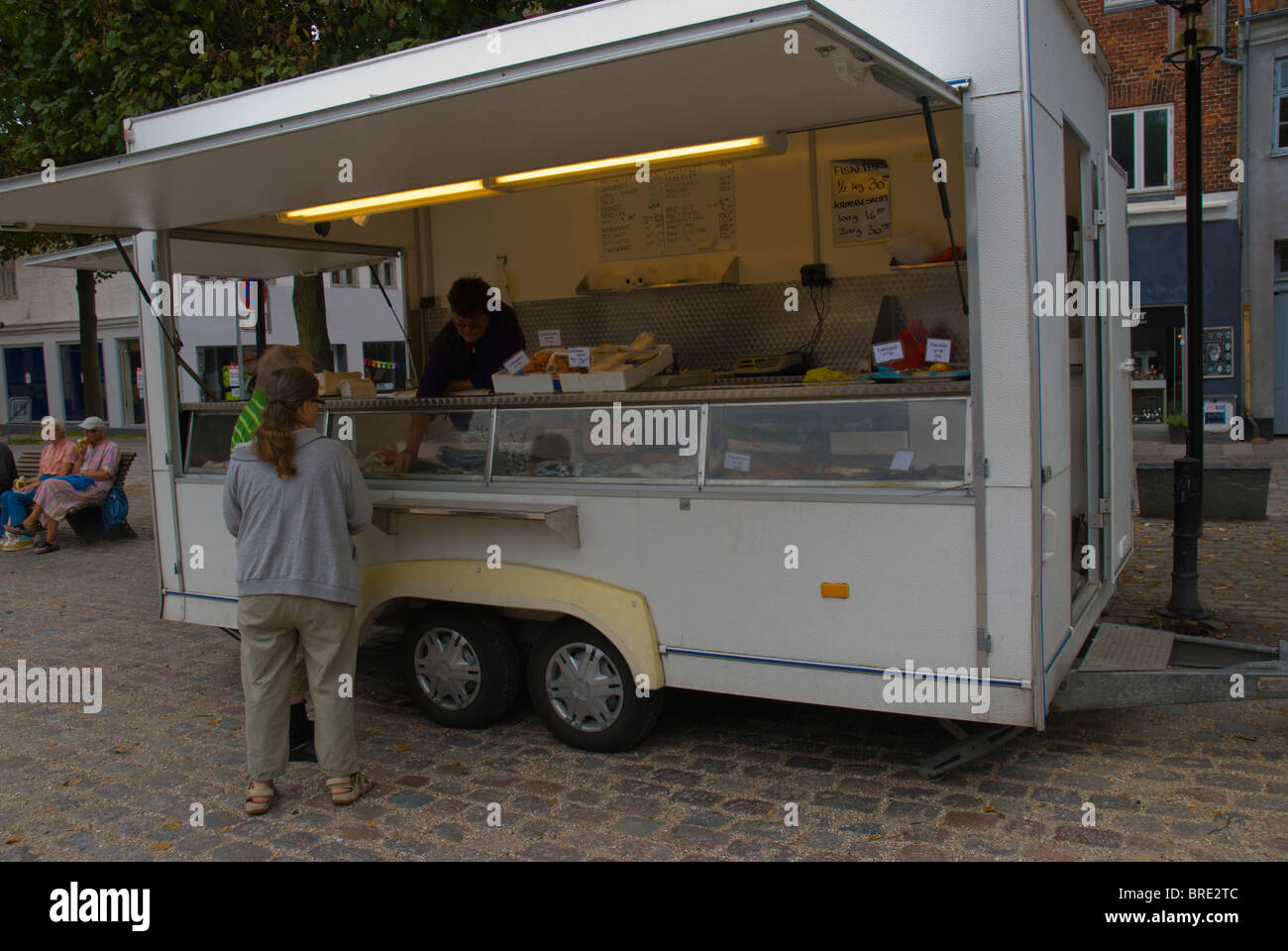 Seafood stall Axeltorv square central Helsingor north Sjaelland Denmark ...