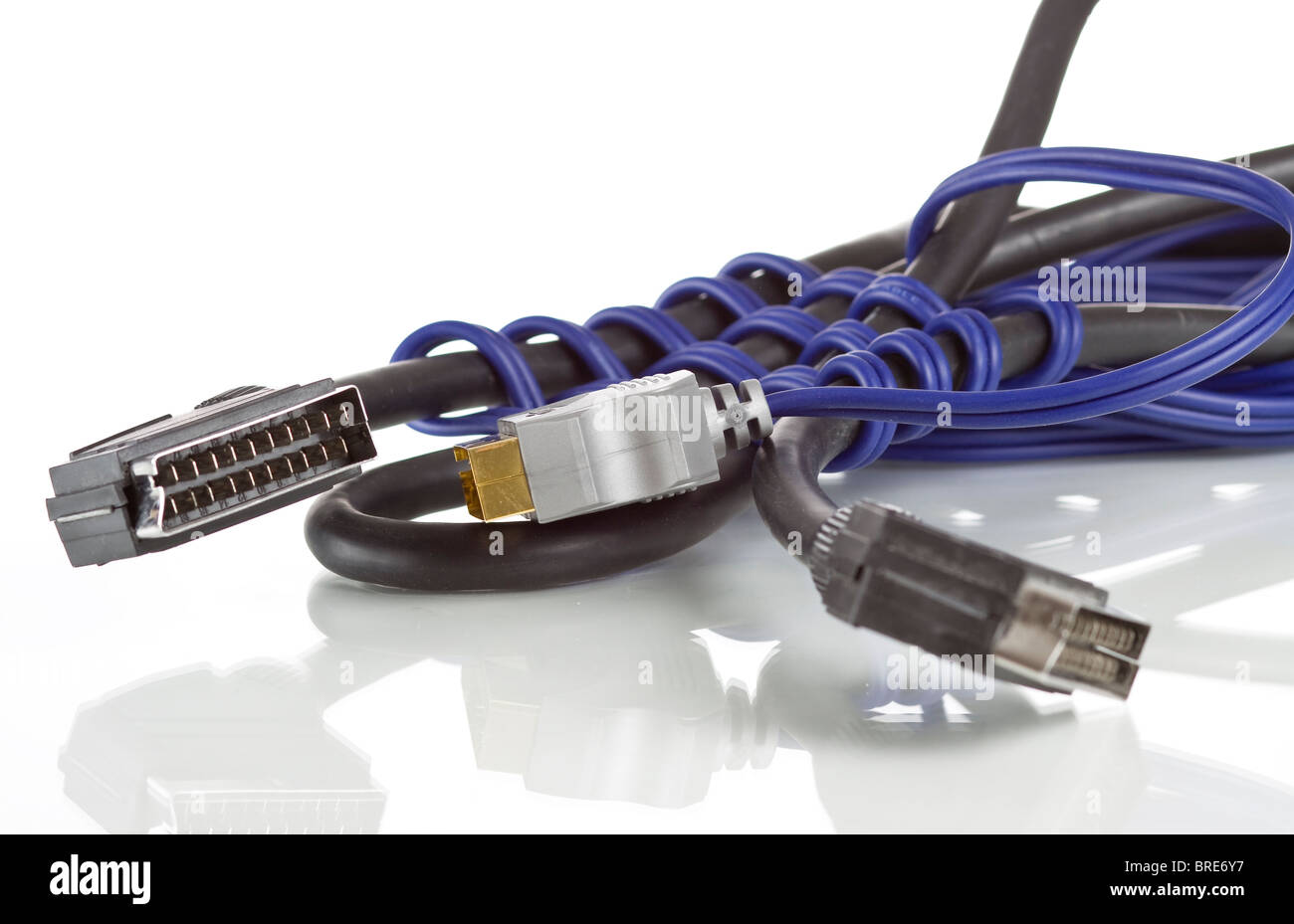 Audio video cables on white background Stock Photo - Alamy