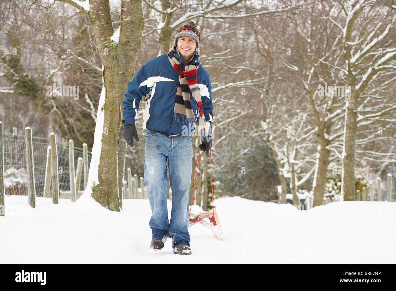 Man Pulling Sledge Through Winter Landscape Stock Photo - Alamy