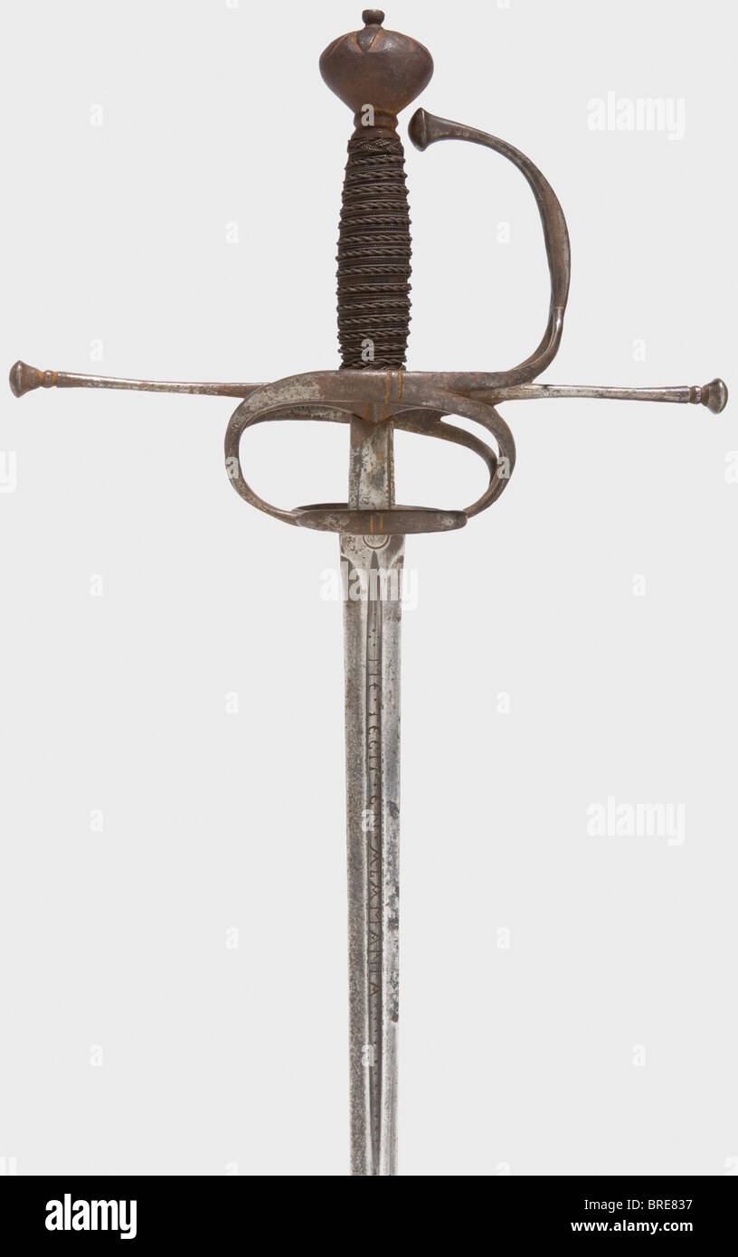 An Italian rapier, circa 1600 Double-edged thrusting blade of flattened ...