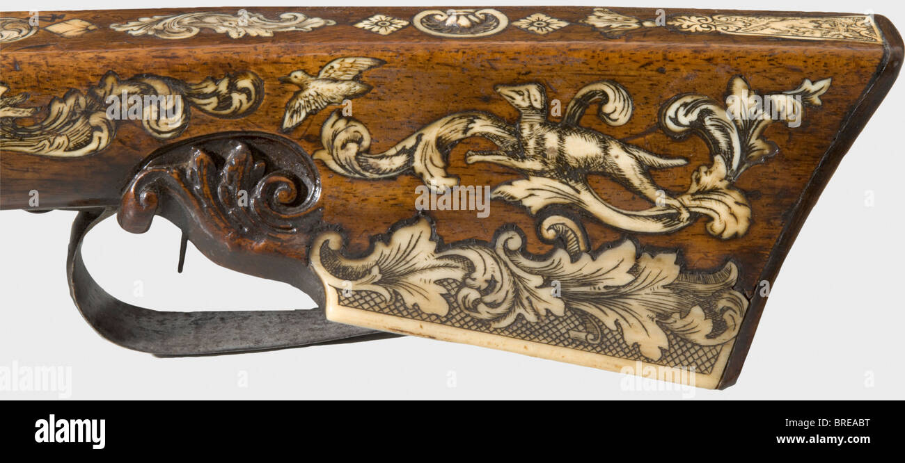 A German hunting crossbow, circa 1730 Slender steel prod, retained by ...