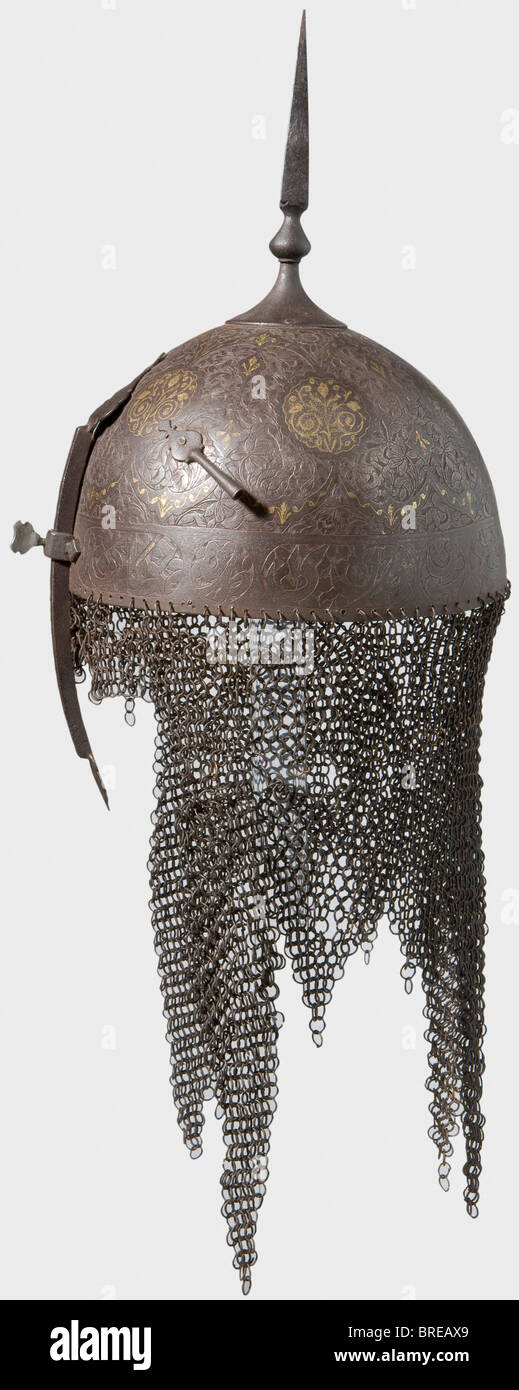 A Persian kulah khud, 19th century Chiselled and inlaid with gold ...
