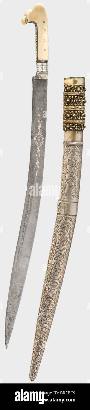A silver-mounted Ottoman yatagan, dated 1779 Typically curved, single ...