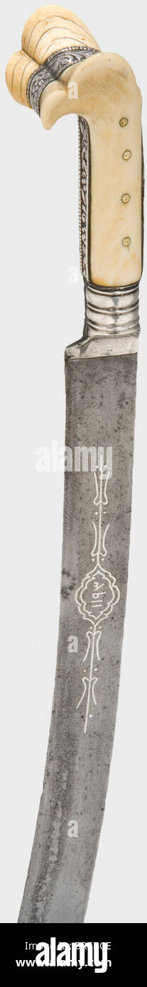 A silver-mounted Ottoman yatagan, dated 1779 Typically curved, single ...