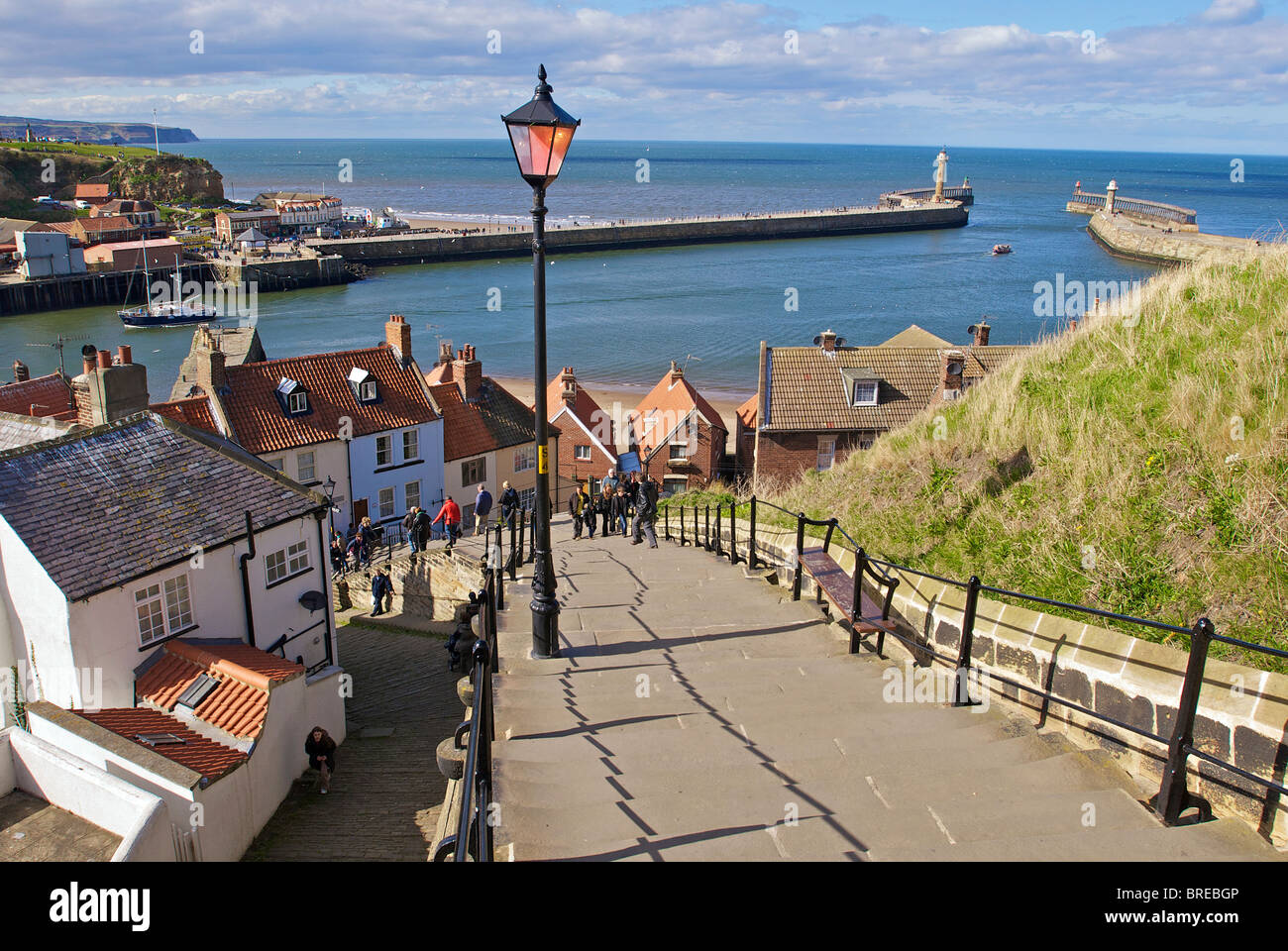 Whitby harbour North Yorkshire. North York Moors seen from the abbey ...
