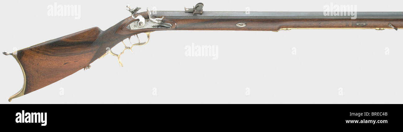 A flintlock target rifle, Swiss, circa 1810. Heavy, octagonal rifled ...