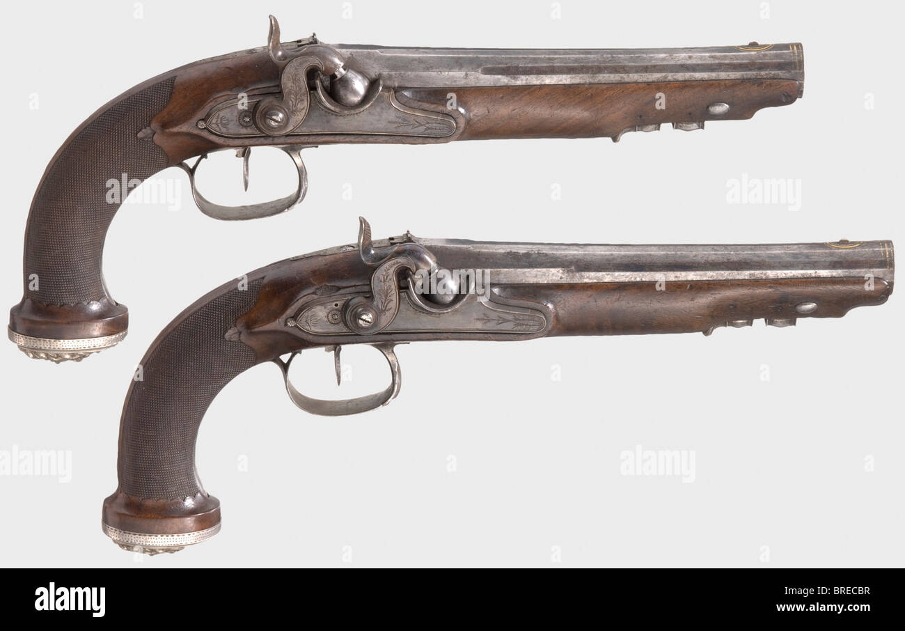A pair of French percussion pistols, circa 1810. Polygonal, rifled ...