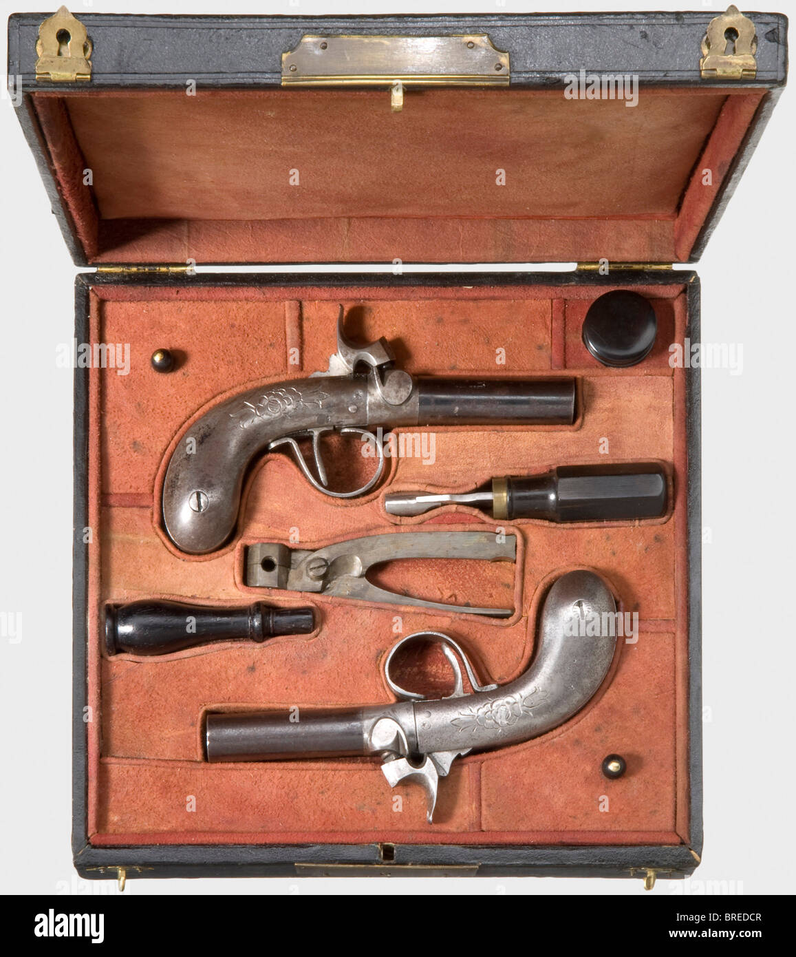 A cased pair of all-iron percussion pocket pistols, France(?), circa ...