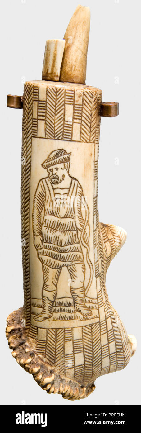 A German antlers powder flask, 19th century. Body made from strong ...