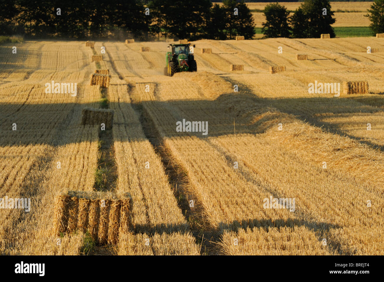 Germany John Deere tractor and bale press at straw harvest Stock Photo ...