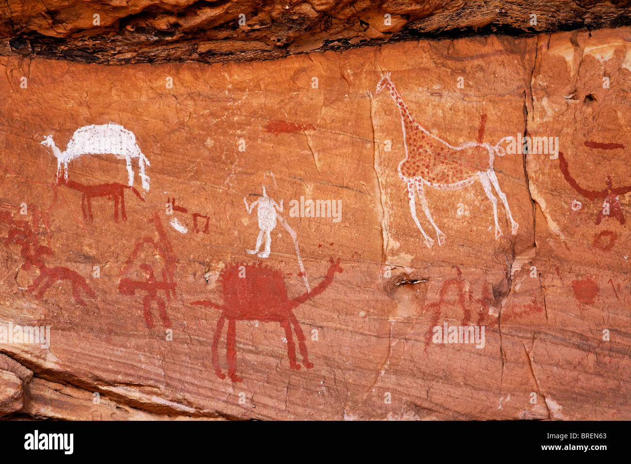 Painted figures and animals, rock art in the Akakus Mountains, Sahara ...