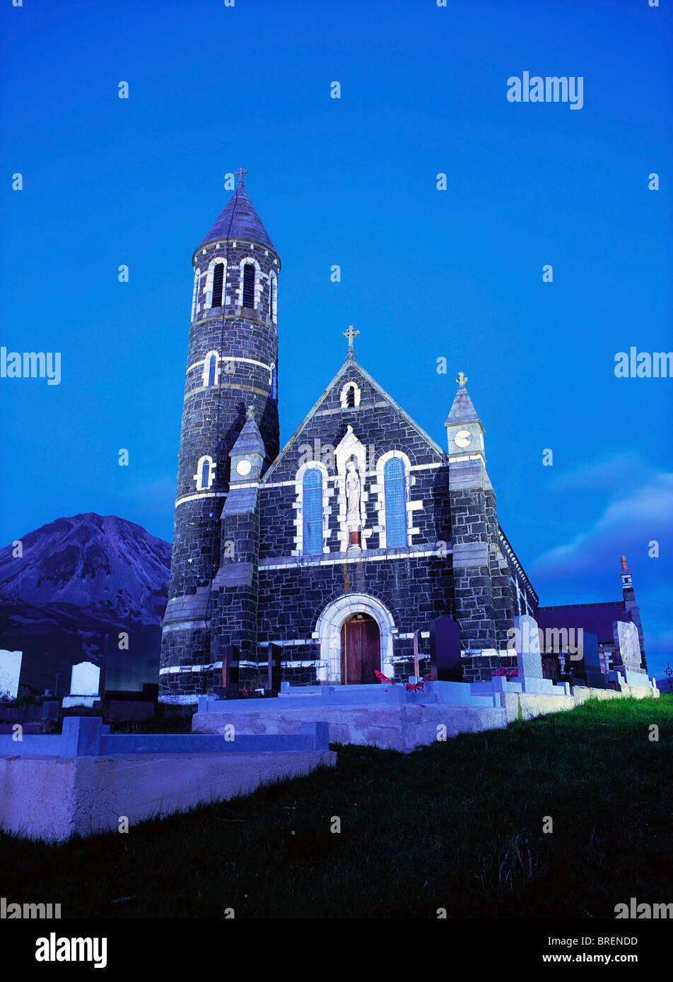 Dunlewey, Co Donegal, Ireland; Church With Errigal In The Background ...
