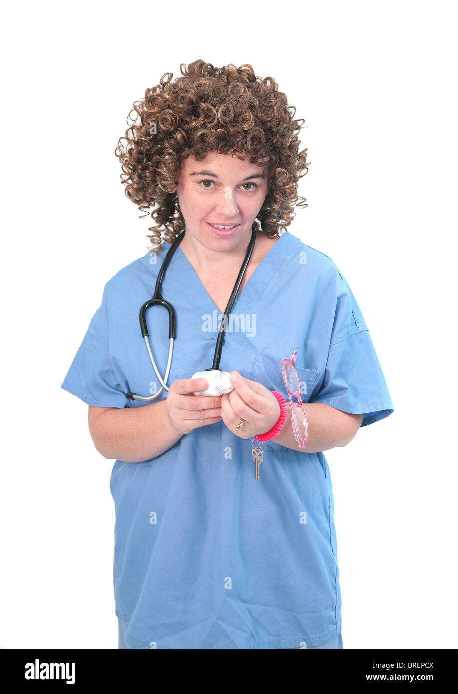 one fuzzy haired woman doctor with stethoscope and pill bottle over ...