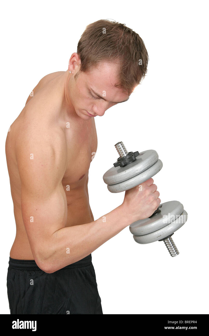 one young fit guy lifting weights flexing over white Stock Photo - Alamy