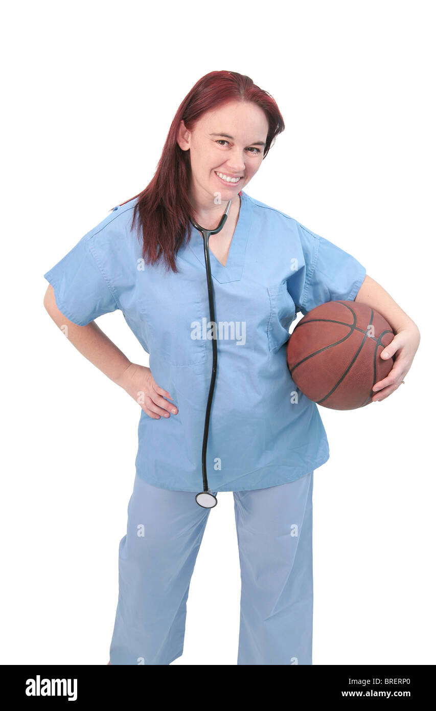 one woman sports doctor looking hapy with basketball and stethoscope ...