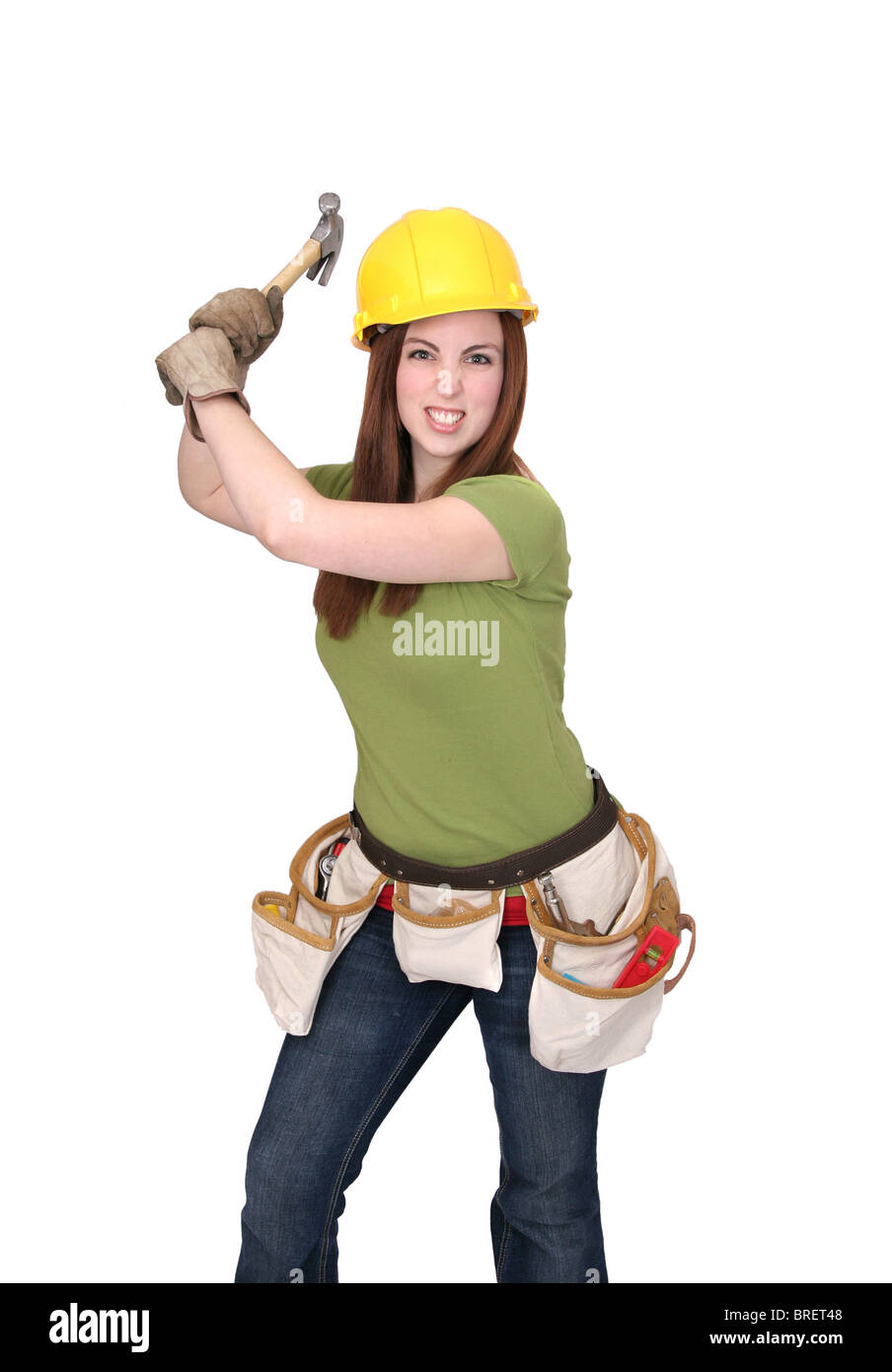 expressive beautiful construction worker woman with hardhat and tools ...