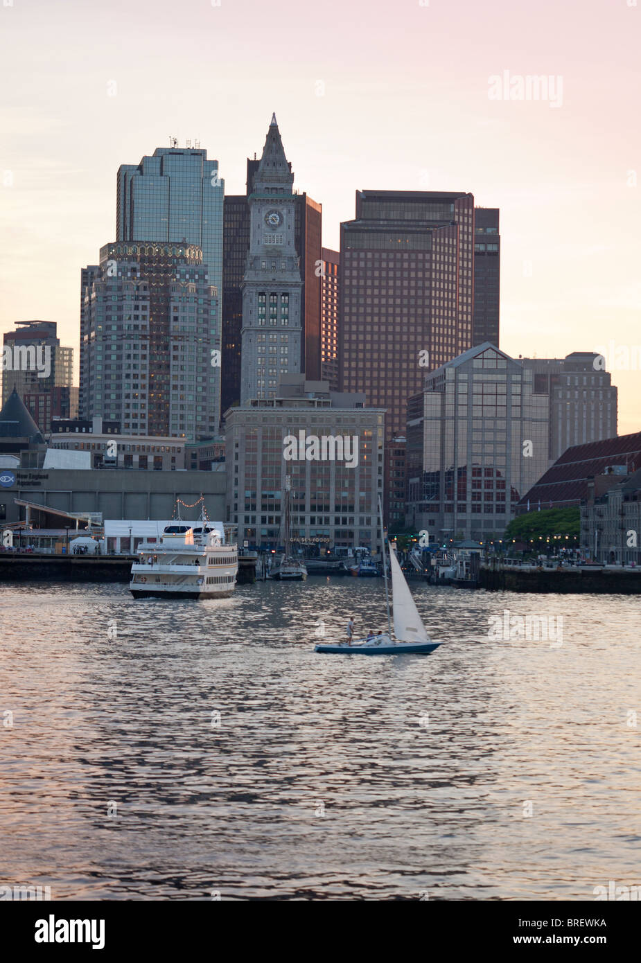 Boston City Skyline and Customs house tower from the Harbor . The ...