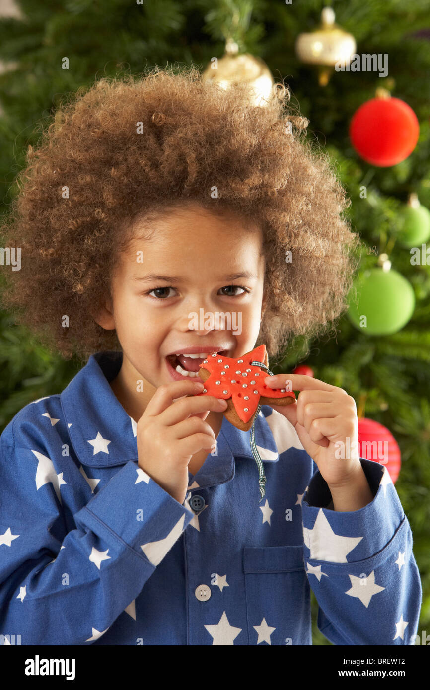 Young Boy Eating Cookie In Front Of Christmas Tree Stock Photo - Alamy