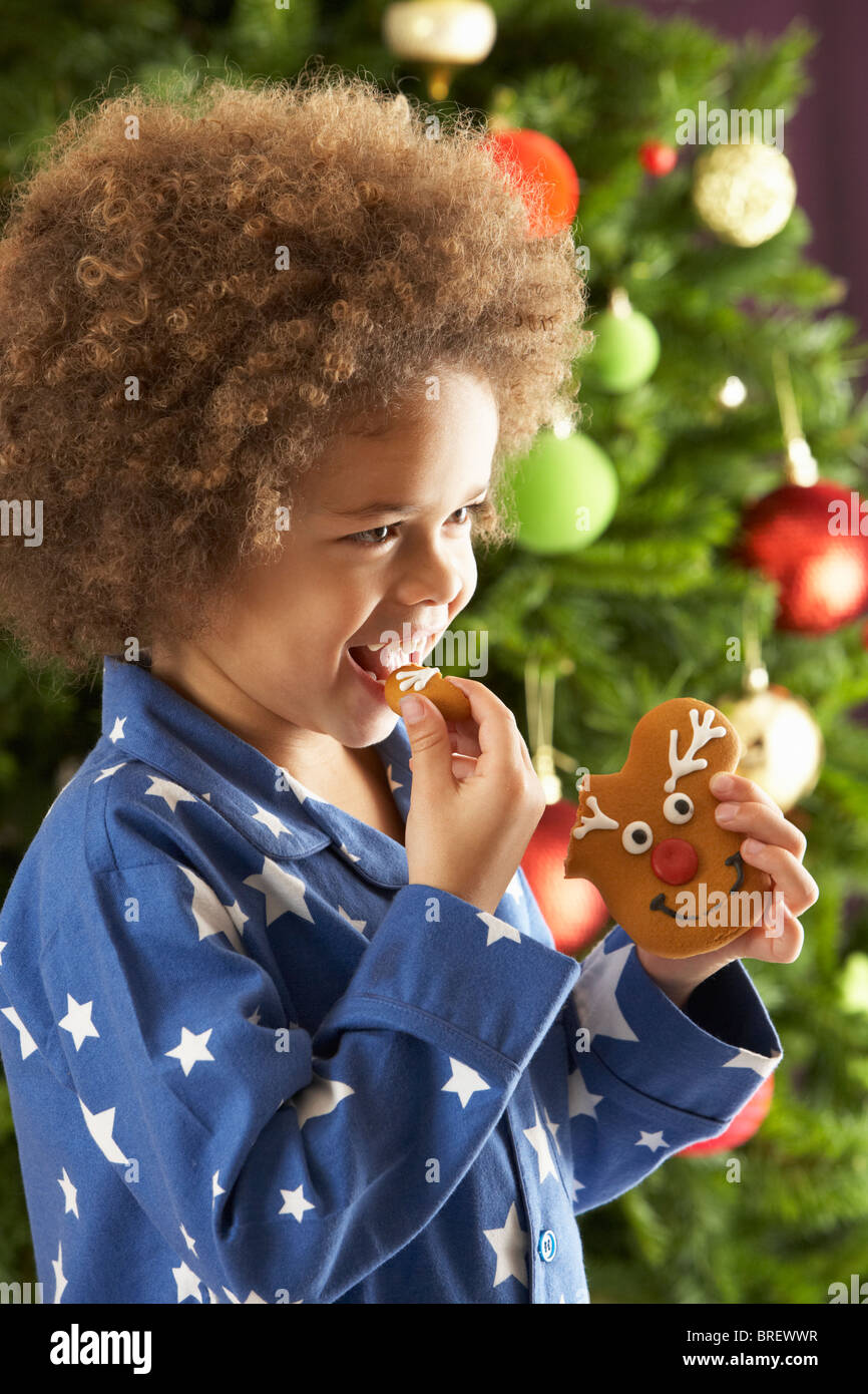 Young Boy Eating Cookie In Front Of Christmas Tree Stock Photo - Alamy