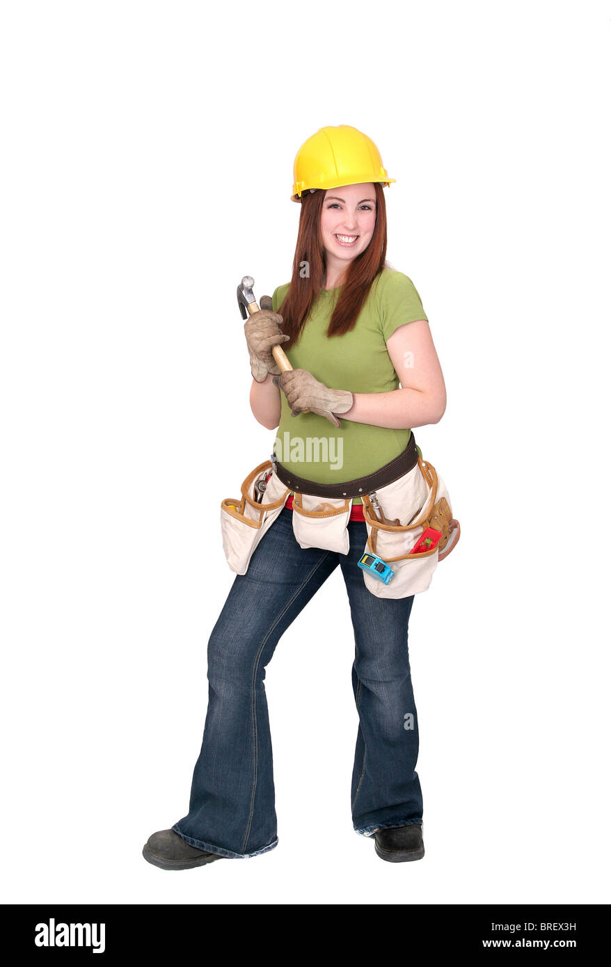 expressive beautiful construction worker woman with hardhat and tools ...
