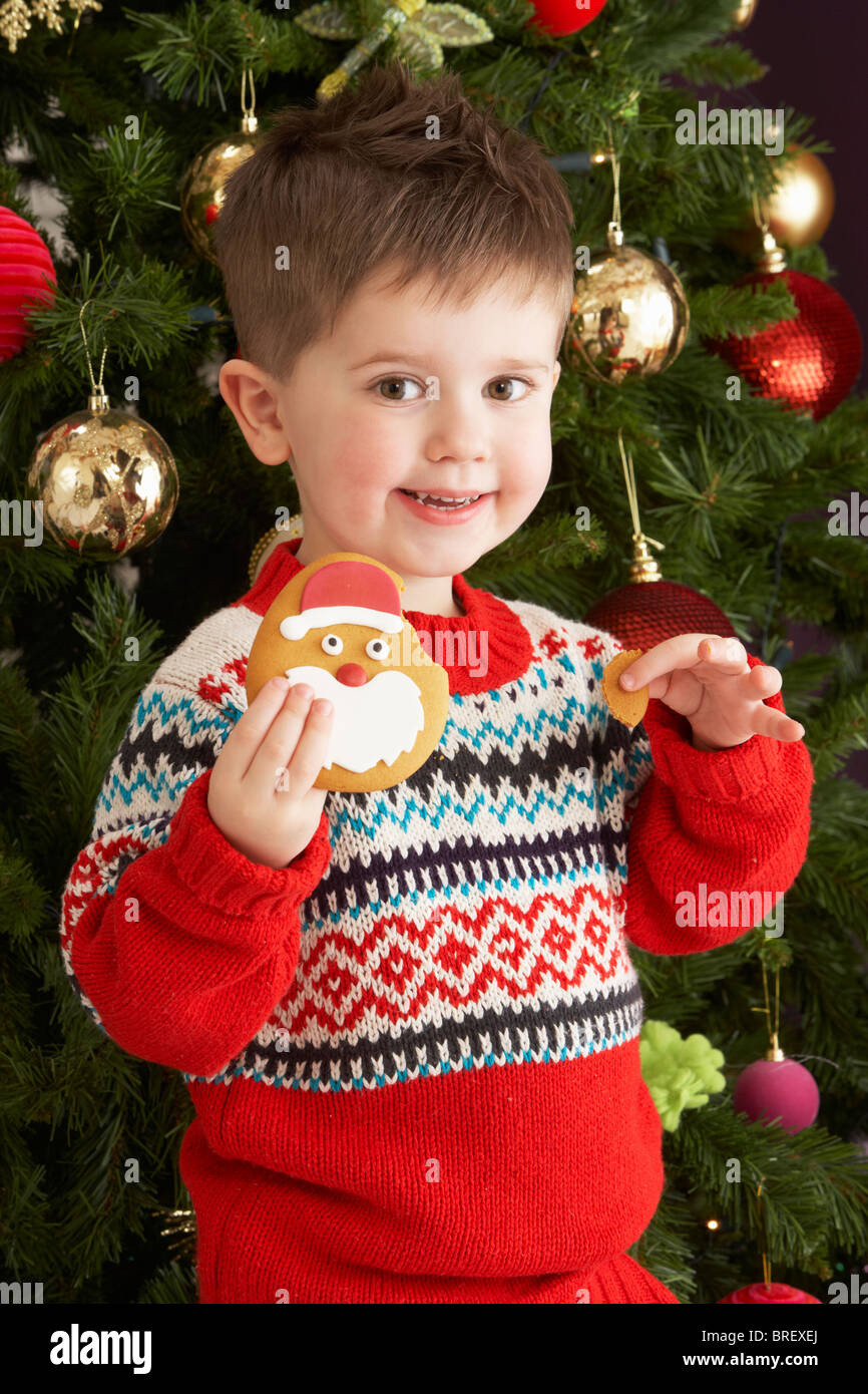 Young Boy Eating Cookie In Front Of Christmas Tree Stock Photo - Alamy