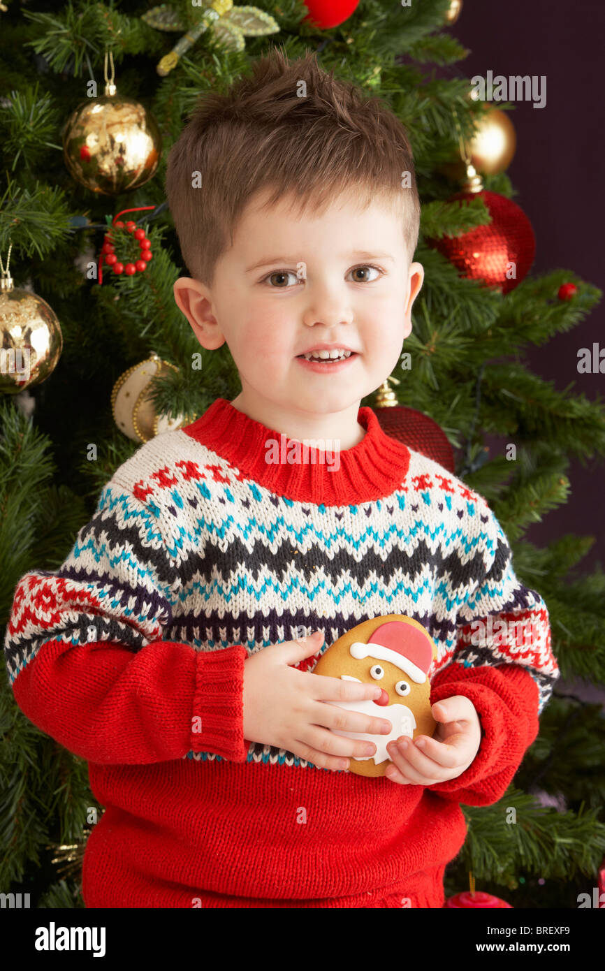 Young Boy Eating Cookie In Front Of Christmas Tree Stock Photo - Alamy