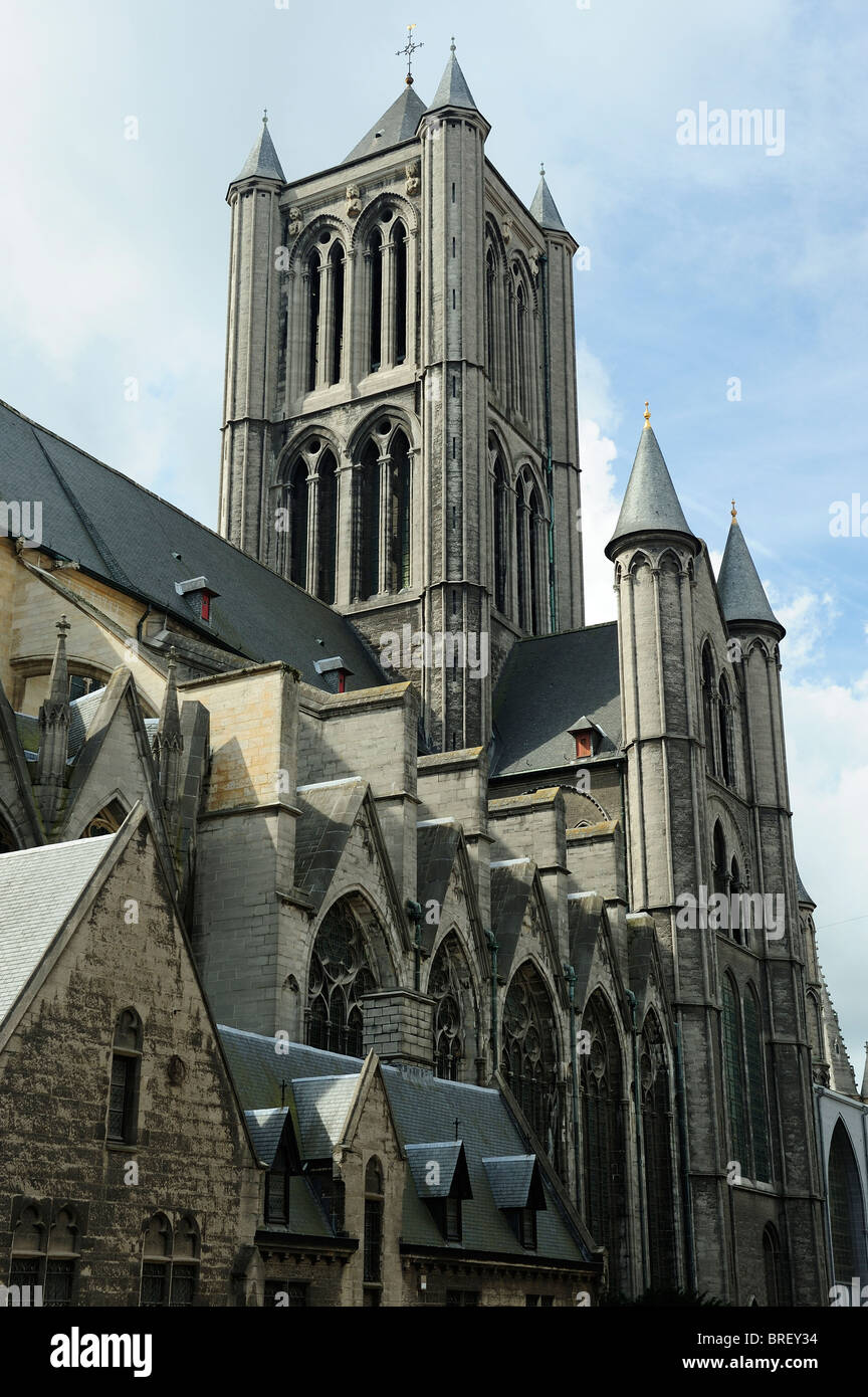 Gothic turrets of Sint Niklaaskerk (St Nicholas Church) in the historic ...