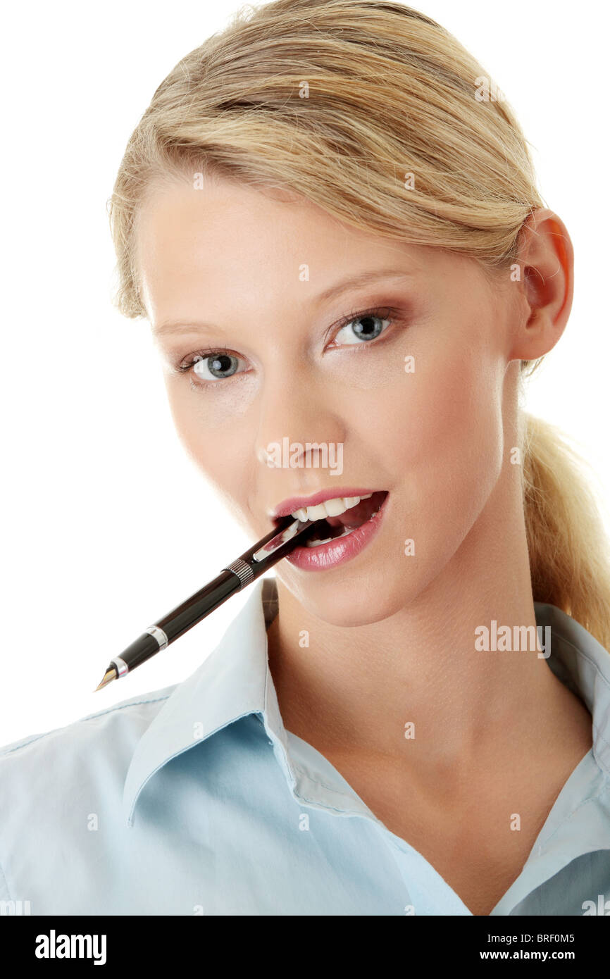 Young beautiful student girl with pen, isolated on white Stock Photo ...